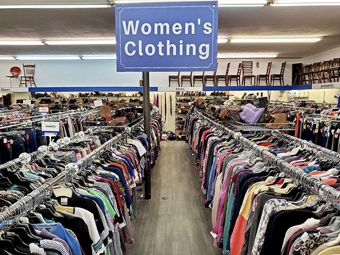 Women's clothing stretches as far as the eye can see. Like a department store without the aggressive perfume spritzers or judgmental salespeople.