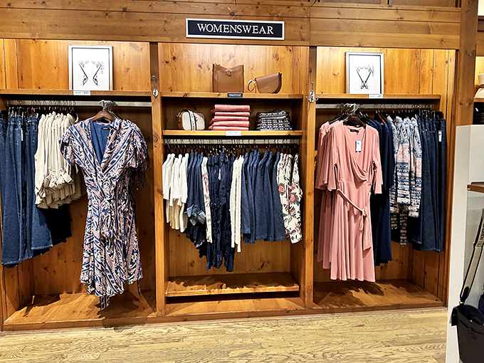 Womenswear displayed on rustic wood, where fashion meets farmhouse chic in perfect Indiana harmony.