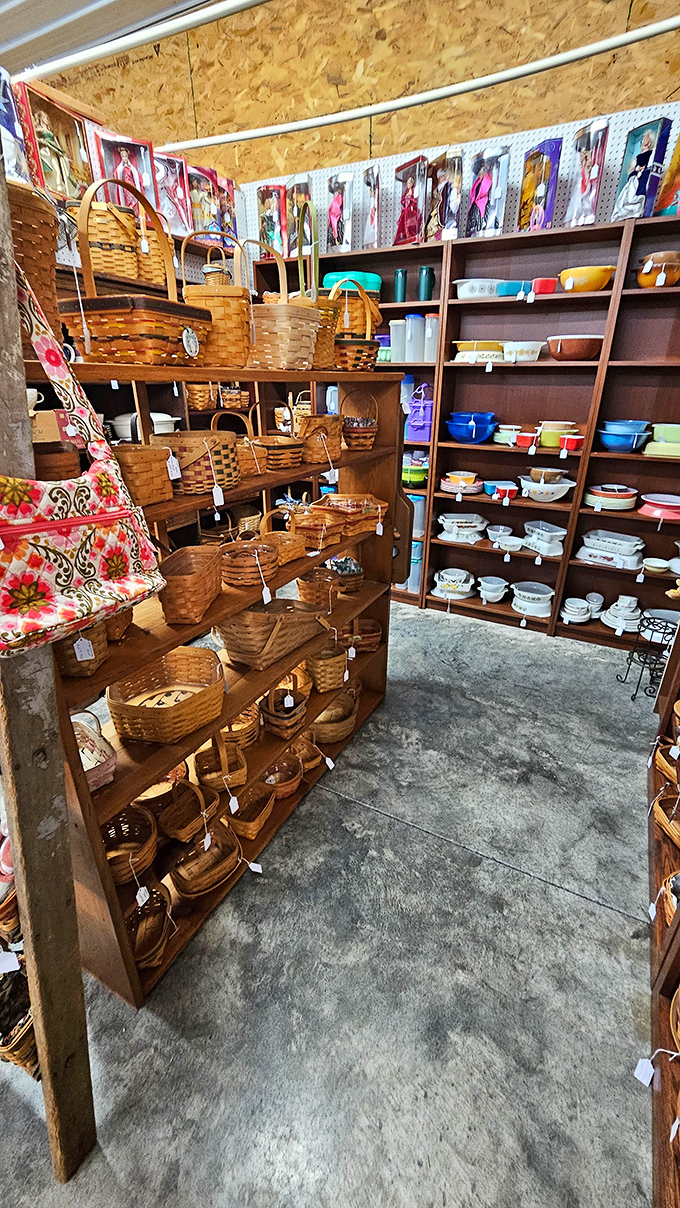 Longaberger basket heaven! These handcrafted treasures command their own dedicated section, arranged with the reverence they deserve.