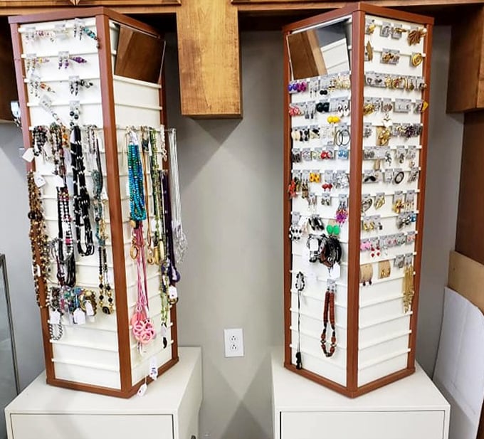 Jewelry displays that rival department stores. These rotating cases showcase accessories from subtle to statement-making, all at thrift prices.