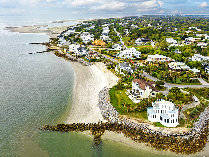 Another aerial perspective that reveals the island's perfect positioning &ndash; a slender paradise where marsh meets ocean in a geographic embrace.