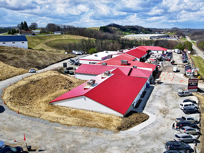 The marketplace from above&mdash;a red-roofed wonderland nestled in rolling countryside that makes even non-shoppers want to explore.