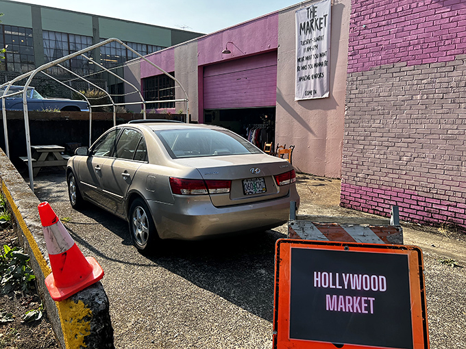 The "Hollywood Market" side entrance reveals the building's pink-gradient exterior. Even the architecture here refuses to be ordinary!
