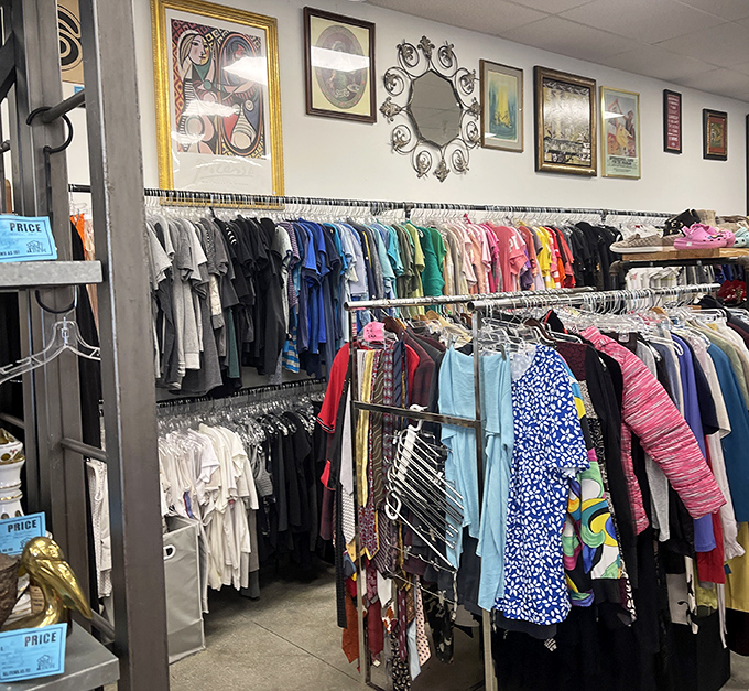 The clothing section&mdash;where vintage Picasso prints hang near tropical patterns, proving fashion never truly dies, it just takes a sabbatical.