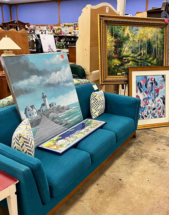 Art that tells stories &ndash; from serene lighthouses to vibrant abstracts, all displayed on a couch that's equally ready for its second act.