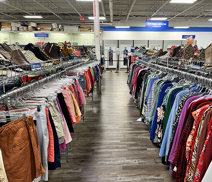 Racks of clothing stretching toward the horizon&mdash;a textile rainbow organized by size, not price point or pretension.