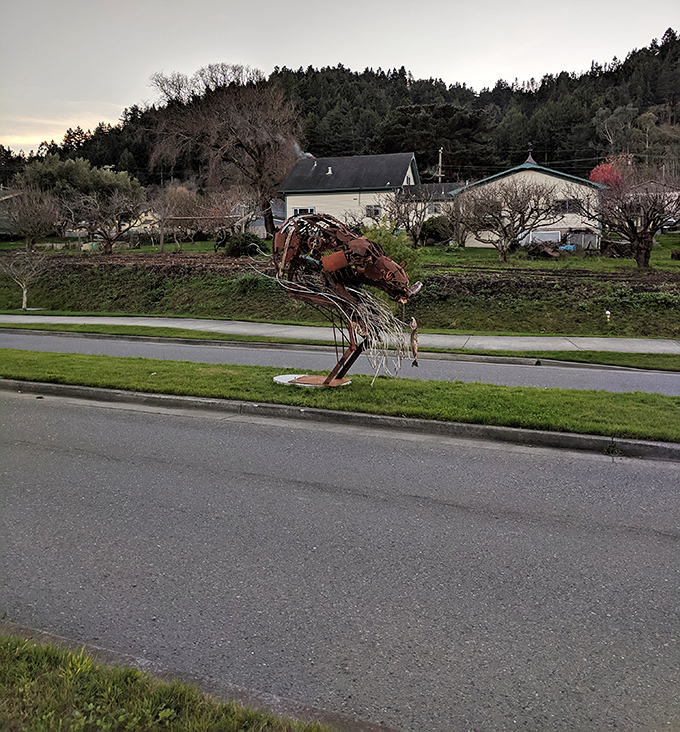 Public art meets rural ingenuity in this roadside sculpture, proving creativity blooms everywhere, even beside the highway.