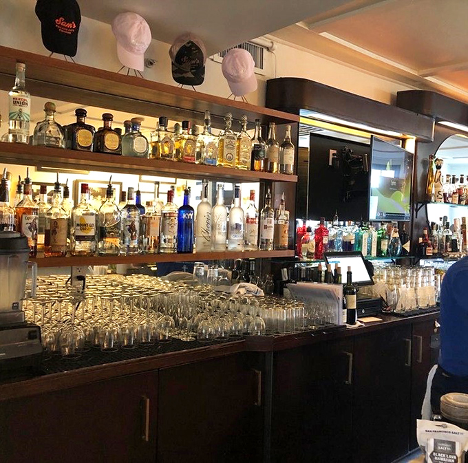 The bar's impressive lineup of spirits stands ready for duty, like an army of flavor waiting for marching orders.