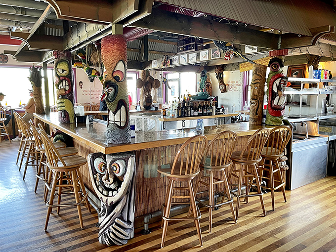 A tiki bar that took a design detour through Polynesia and landed in Ohio. Those carved posts aren't just decoration&mdash;they're conversation starters.