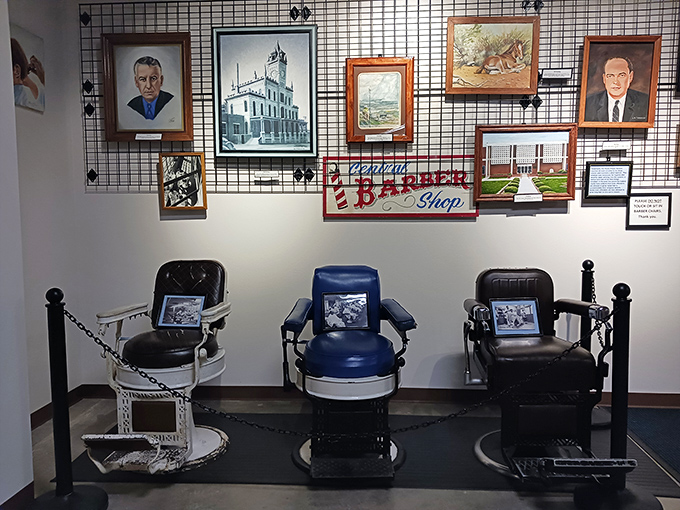 The prison barber shop exhibit&mdash;where haircuts were mandatory and style options were decidedly limited.