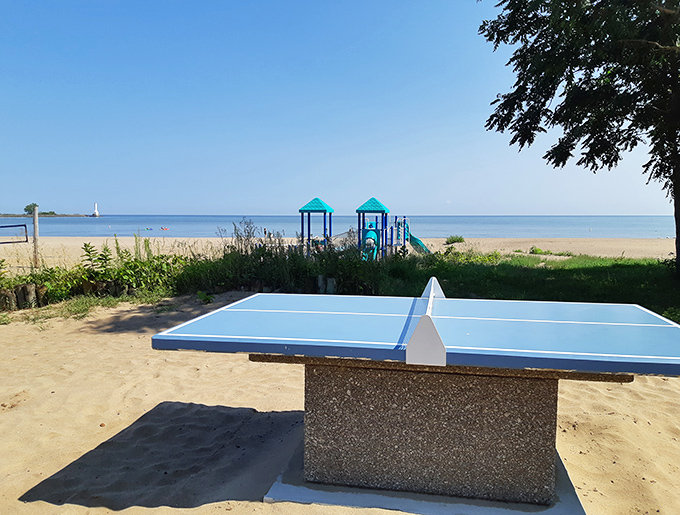 Beach ping-pong with a lake view&mdash;because regular ping-pong wasn't already challenging enough without the distraction of paradise.