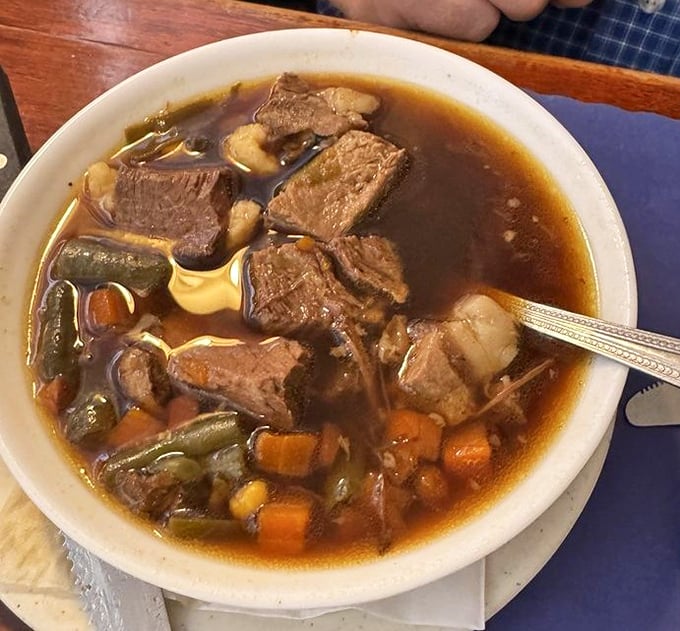 A bowl of goulash that could end family feuds. Those tender beef chunks have clearly been simmering since before your morning coffee.