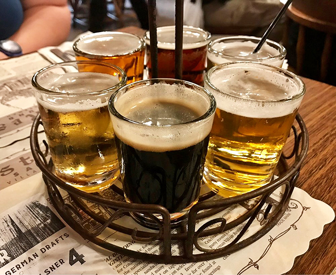 A beer flight that takes your taste buds on a tour of Germany without the jet lag. That dark brew in the center is the brooding star of the show.