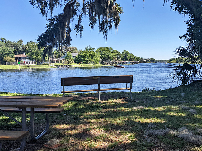 Riverside benches invite contemplation&mdash;or the perfect spot to enjoy that sandwich you've been thinking about since breakfast.