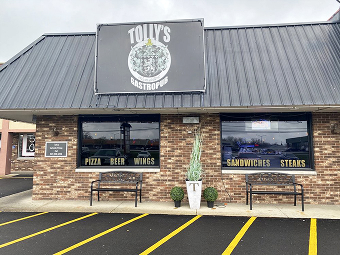 Daytime reveals Tolly's practical side—sturdy benches, clean lines, and windows that let you know exactly what awaits inside.