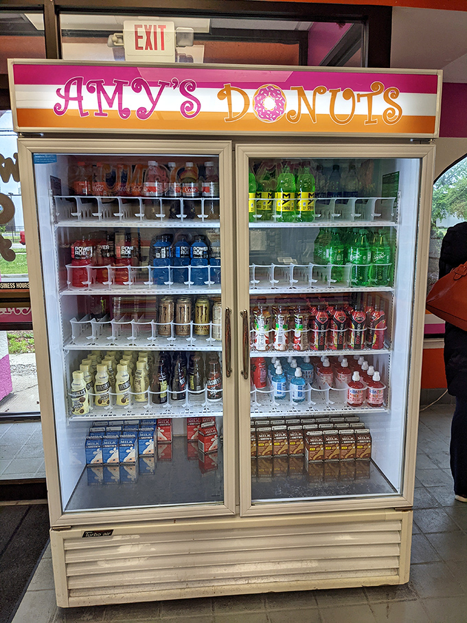 Hydration station for the sugar journey ahead. Amy's keeps the beverages cold and the donuts fresh&mdash;priorities firmly in order.