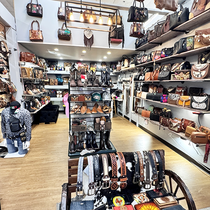 Handbag heaven where purses hang like ripened fruit, ready to be plucked by savvy shoppers who know style isn't measured by price tags.