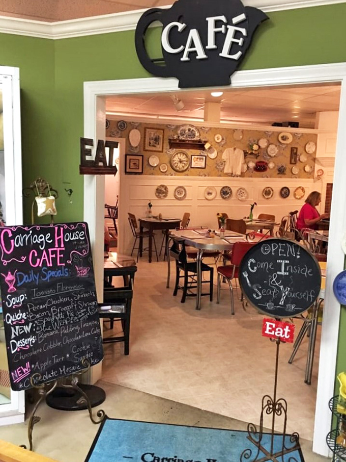 The cafe entrance announces itself with a teapot sign and chalkboard specials &ndash; a portal to comfort food that perfectly complements the antiquing experience.