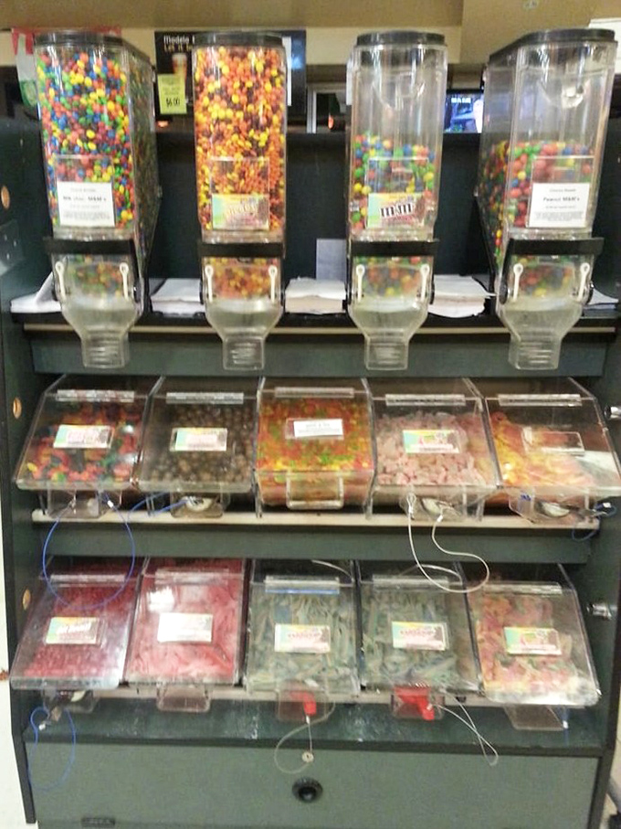 Candy dispensers stand ready to satisfy sweet cravings, offering a rainbow of treats that have been movie companions since the golden age of cinema.