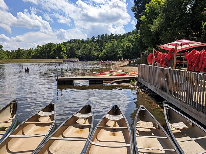Canoes lined up like colorful crayons in a box, each one promising to draw a different adventure across Lake Hope's liquid canvas.