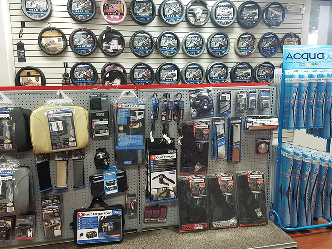 The wall of automotive accessories&mdash;where car enthusiasts find those obscure parts that make mechanics say, "How did you even find that?"