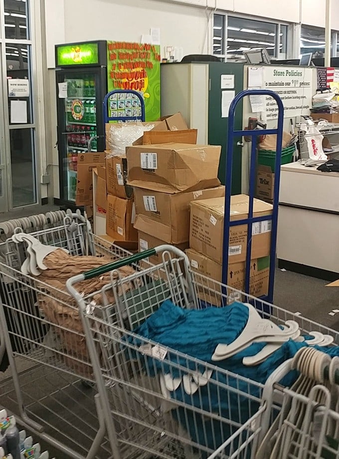 Behind-the-scenes glimpse of retail magic. Those carts full of merchandise are like Christmas presents waiting to hit the shelves for eager bargain hunters.