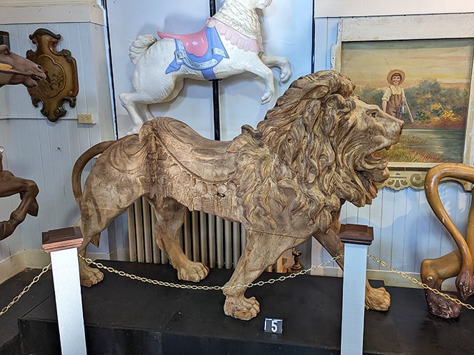 This regal lion didn't escape from the MGM logo—he's a rare example of the "menagerie pieces" that made carousels magical kingdoms of carved creatures.