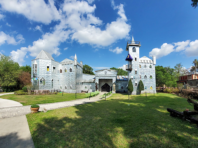 The full expanse of Solomon's Castle reveals itself in this wide shot, showcasing the impressive scale of one person's artistic vision made gloriously real.