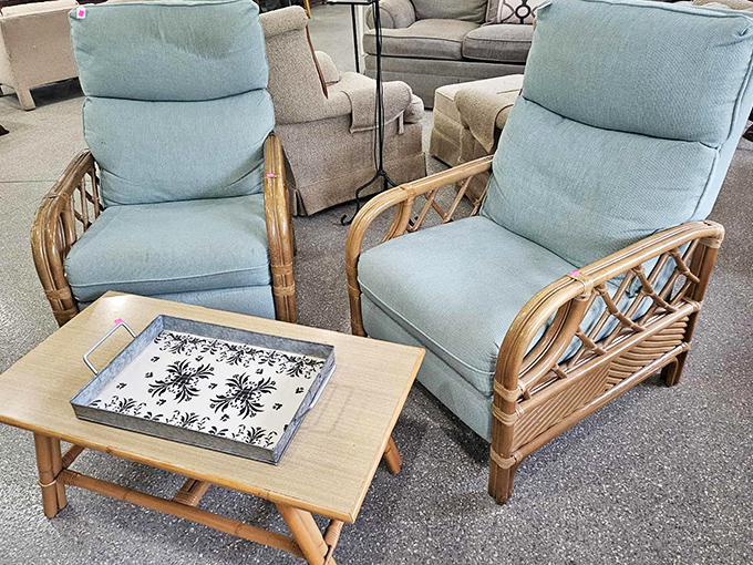 Rattan seating that whispers "Florida sunroom" but works just as beautifully in your Michigan living space. Coastal vibes without coastal prices.