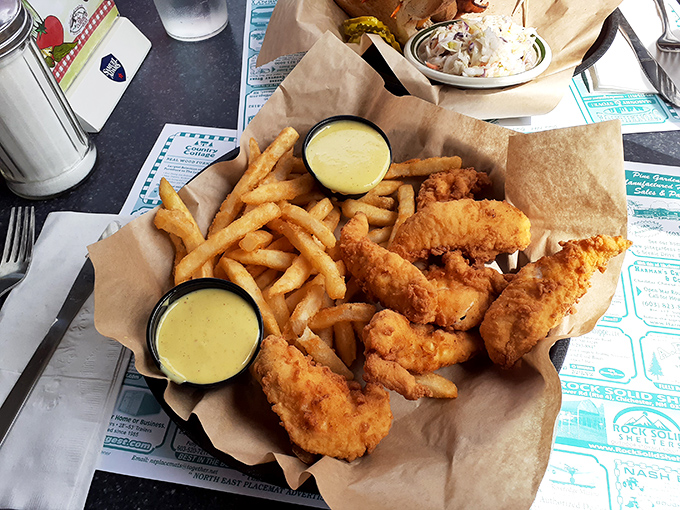 Chicken tenders that actually taste like chicken&mdash;a revolutionary concept paired with fries that demand to be dunked.