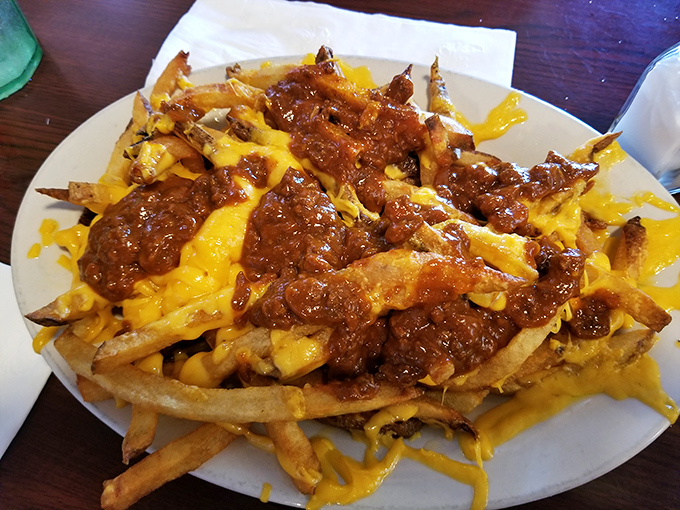 Chili cheese fries that require a fork, a napkin, and possibly a signed waiver. Worth every messy, glorious bite.