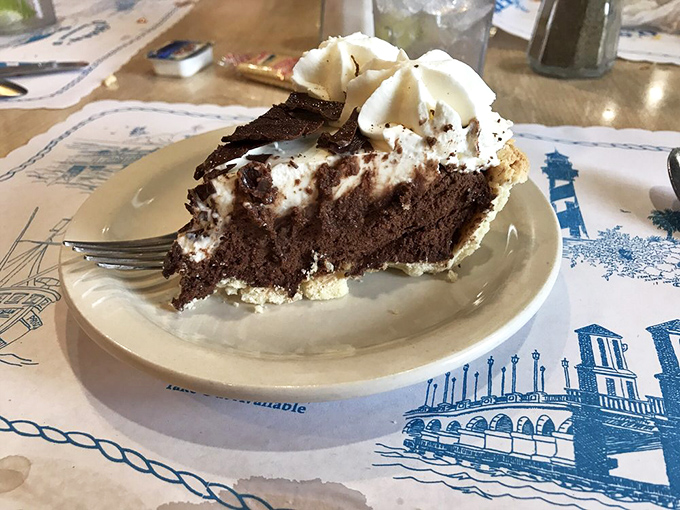 Chocolate cream pie with a cloud of whipped cream that would make angels jealous. Diet plans come here to die happy deaths.