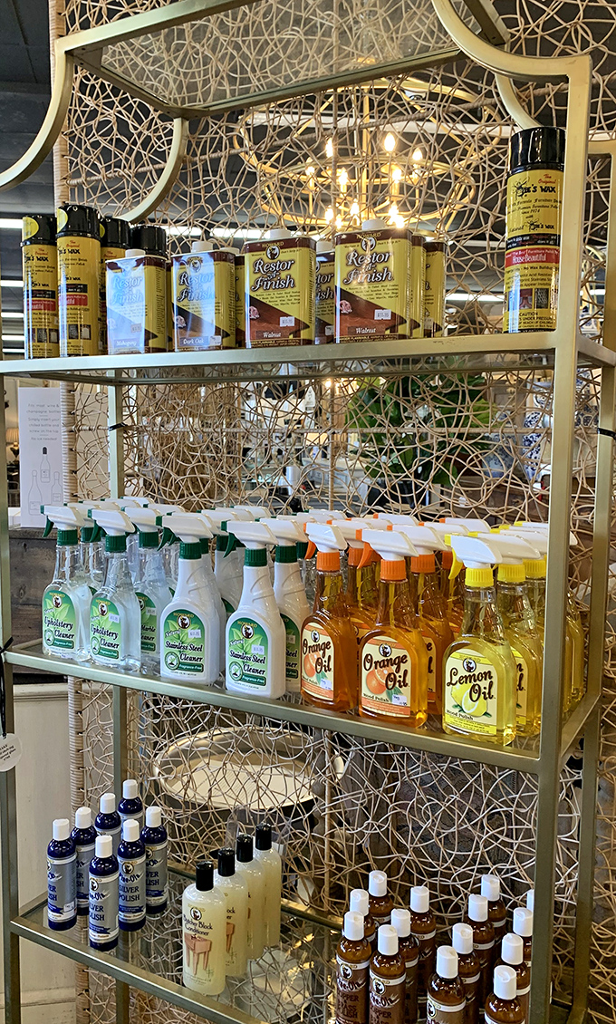 The cleaning products your grandmother swore by, displayed like potions in an apothecary. Orange oil and elbow grease&mdash;still the secret to furniture longevity.