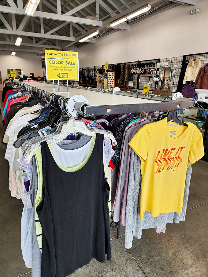 Color-coded clothing racks make treasure hunting easier, with that perfect vintage tee or designer find just waiting to be discovered.