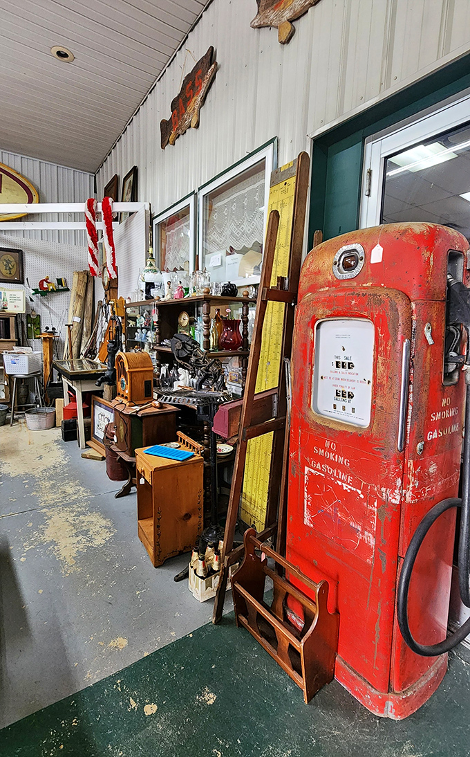 A vintage gas pump that's pumped its last gallon now stands guard over memories of road trips past.