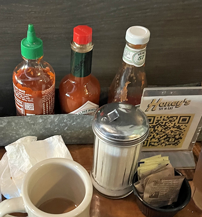 The condiment caddy&mdash;where hot sauce dreams and sugar packets live in perfect harmony, ready to customize your breakfast experience.