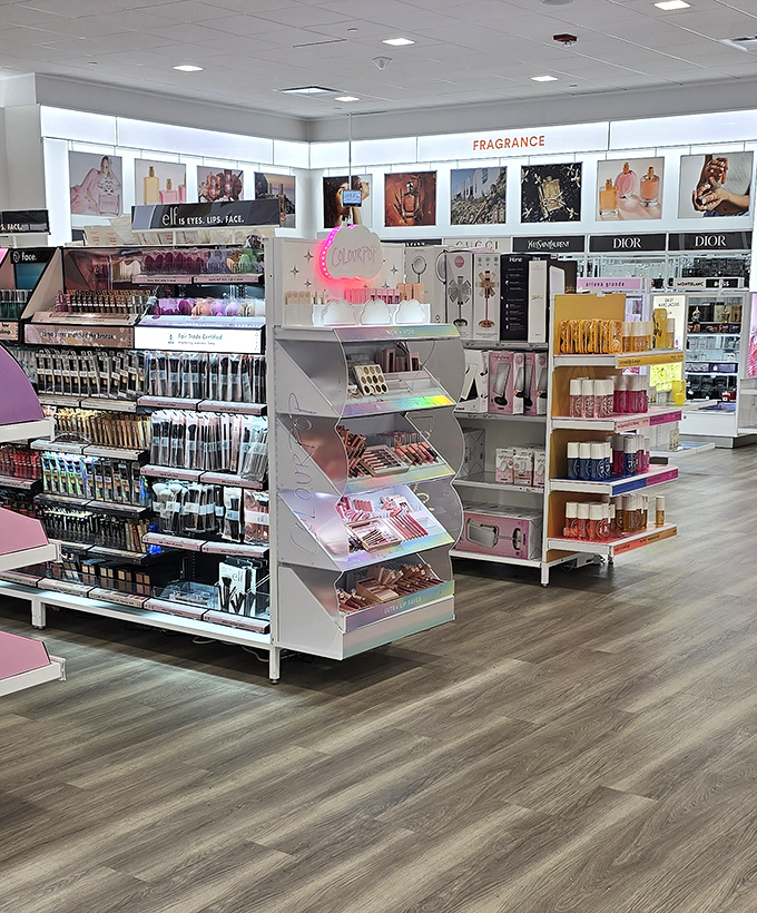Beauty products arranged with the precision of a scientific laboratory but the allure of a candy store. Fragrance and makeup displays that make self-care feel like self-indulgence.
