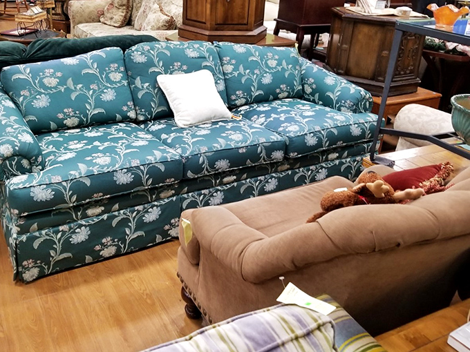 That teal floral sofa isn't just furniture; it's a conversation starter waiting to happen in someone's living room.