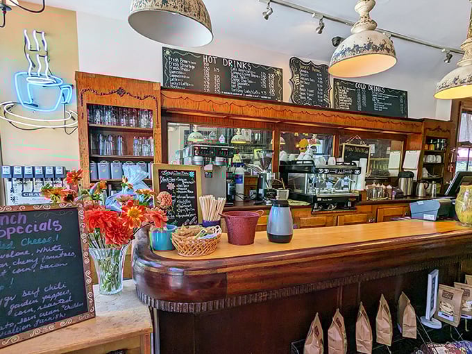 The counter where coffee dreams come true, complete with fresh flowers that say, "We care about details" without saying a word.
