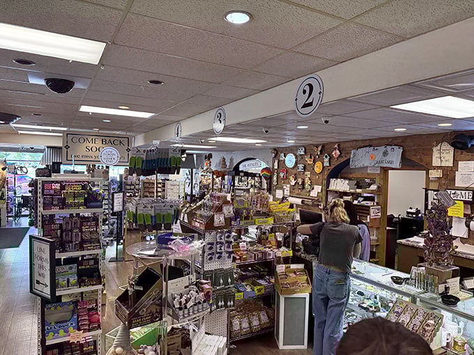 The checkout counter doubles as a mini-museum of impulse purchases. Last chance to grab that keychain you suddenly can't live without.