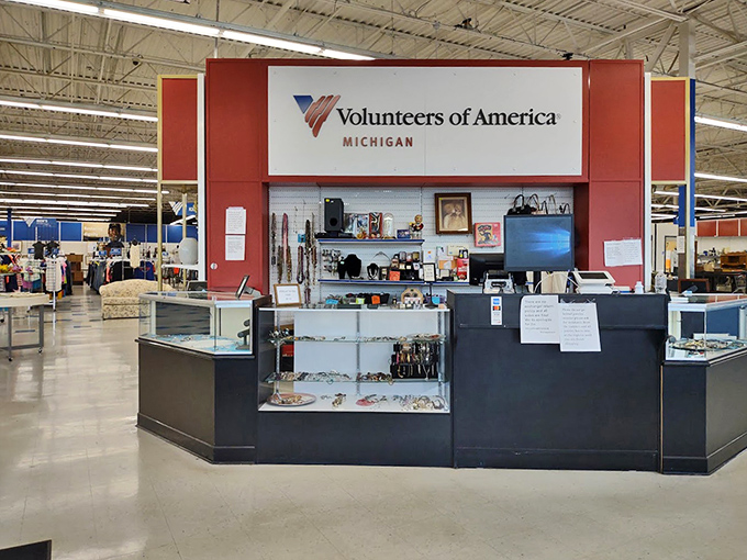 Command central for treasures and transactions. The checkout counter showcases especially interesting finds while friendly staff process the day's discoveries.
