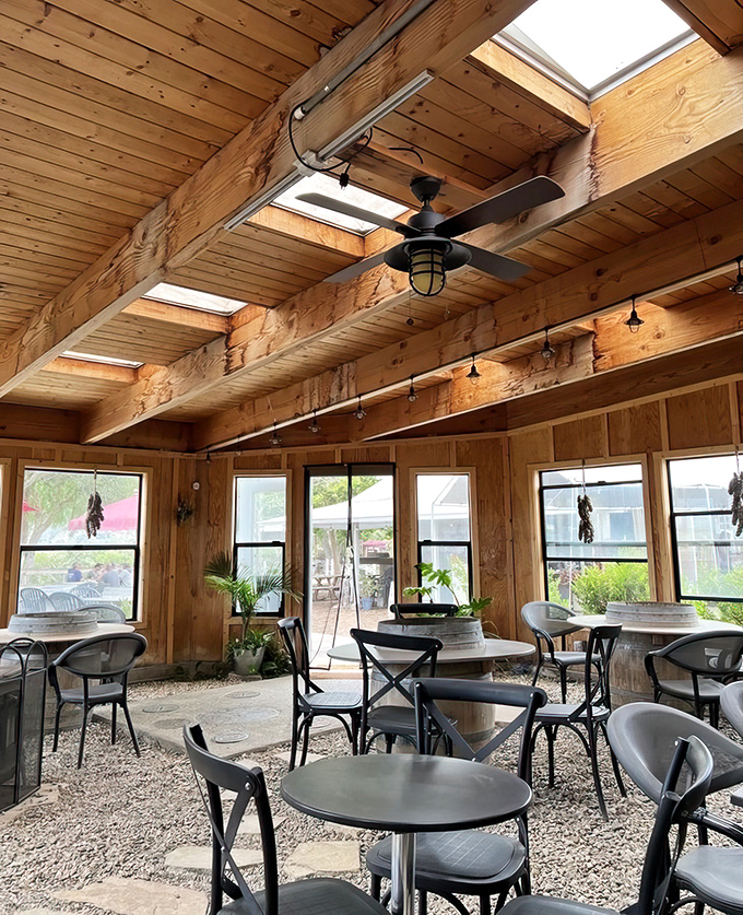 Skylights flood this airy space with California sunshine. The perfect spot to sip their Pinot while contemplating your next oak-fired feast.