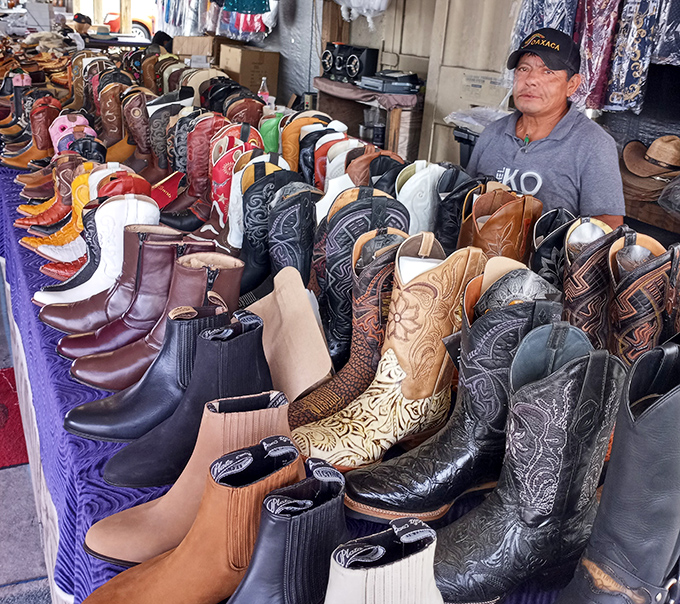 Cowboy boots standing at attention like a leather army ready to two-step into someone's closet.