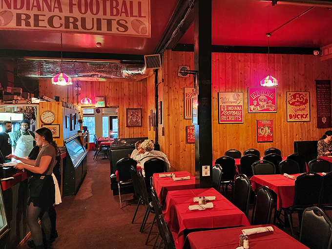 IU memorabilia adorns wood-paneled walls, reminding you that in Bloomington, basketball and beef are the twin religions.