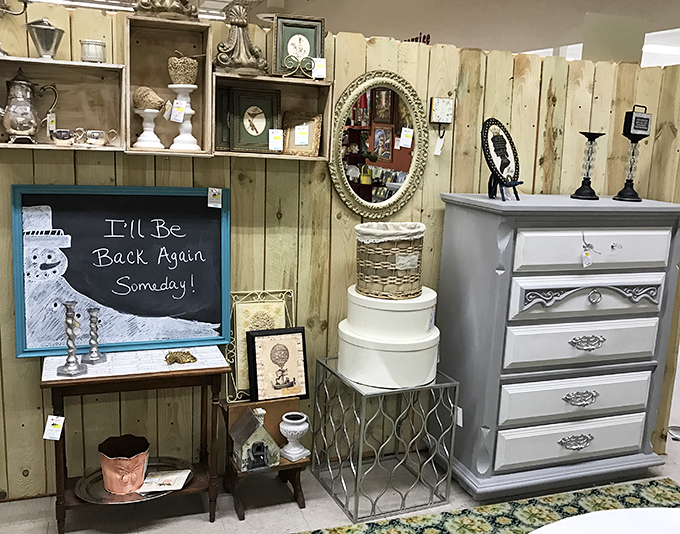 I'll Be Back Again Someday promises the chalkboard, perfectly capturing the addictive cycle of antiquing and the dresser you'll regret not buying.