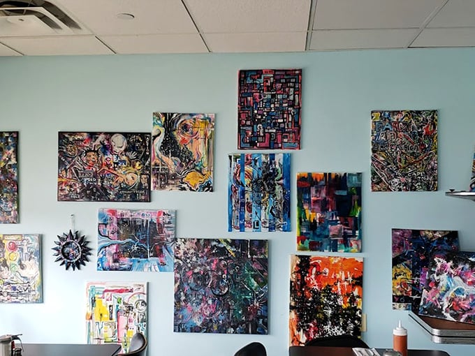 The art wall adds splashes of color and creativity to your dining experience&mdash;visual appetizers while you wait for your actual appetizers.