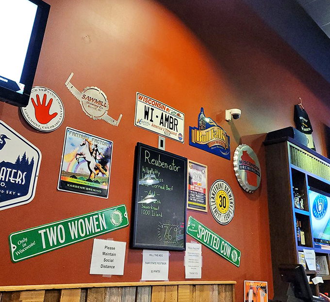 The wall of beer memorabilia and road signs &ndash; where "Two Women" and "Spotted Cow" aren't just Wisconsin beers, they're conversation starters.