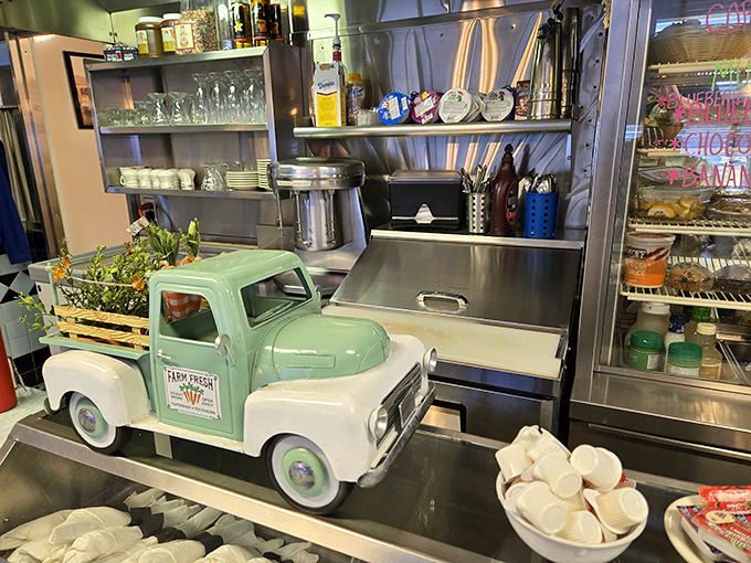 Vintage charm in every corner&mdash;this little farm truck decoration speaks volumes about the diner's commitment to nostalgic Americana.