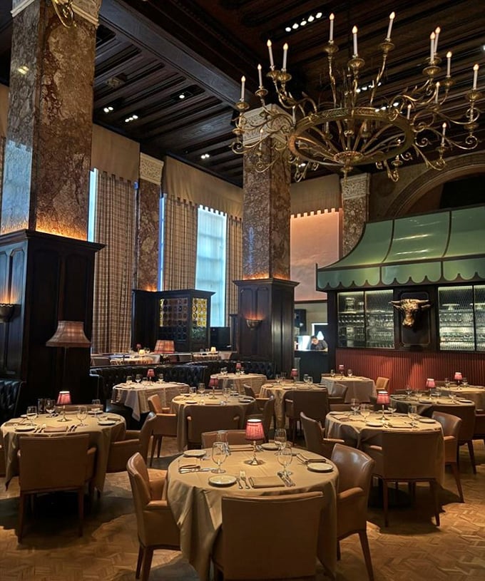 Tables arranged with mathematical precision under soaring ceilings&mdash;dining room or cathedral to carnivorous pleasures? Both.