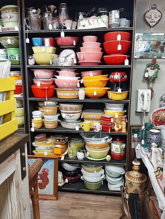 Pyrex paradise! Those colorful vintage bowls your grandmother used now command collector prices and kitchen envy.